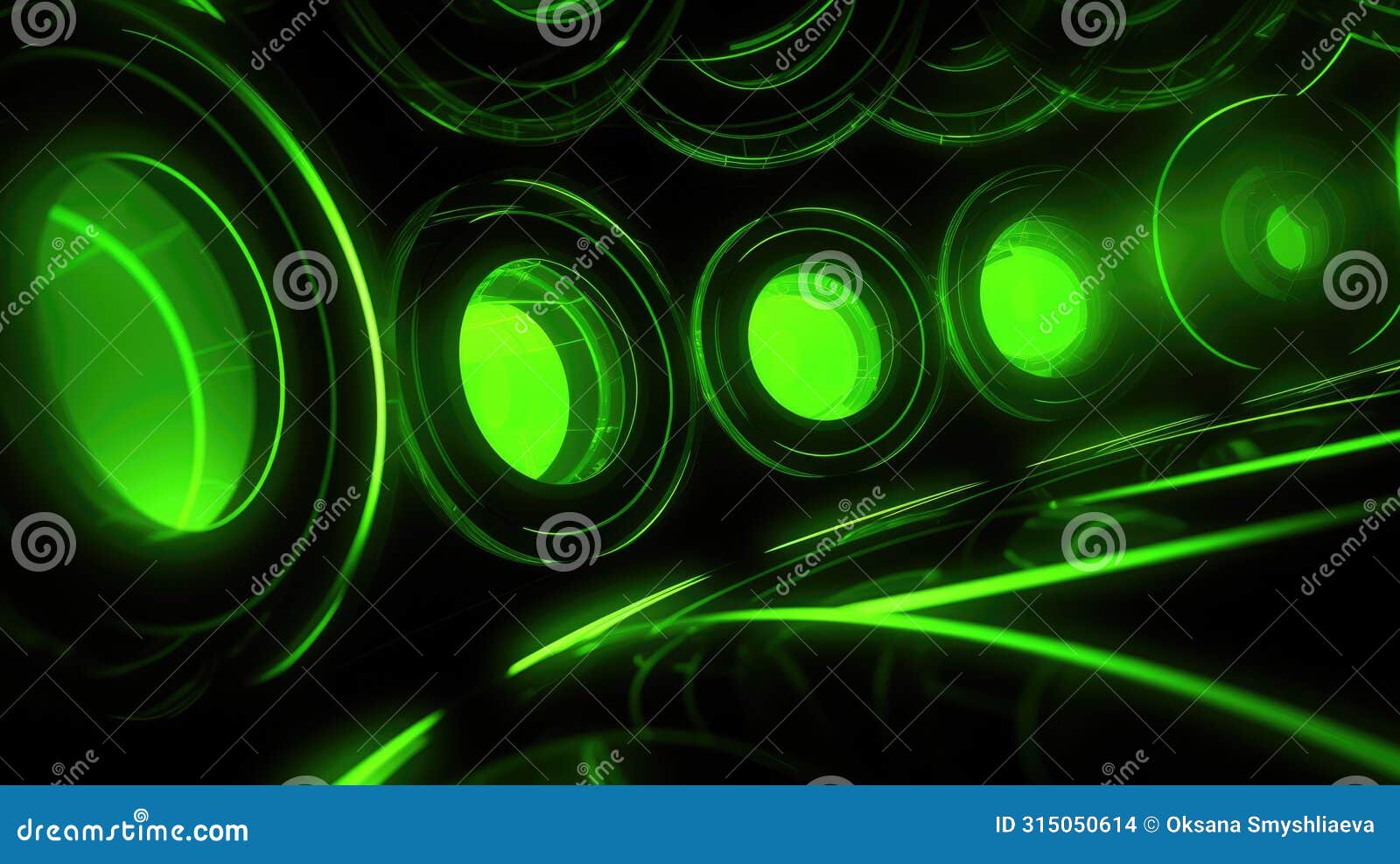 An Array of Vibrant Lime Green Glowing Circles Against a Deep Black ...