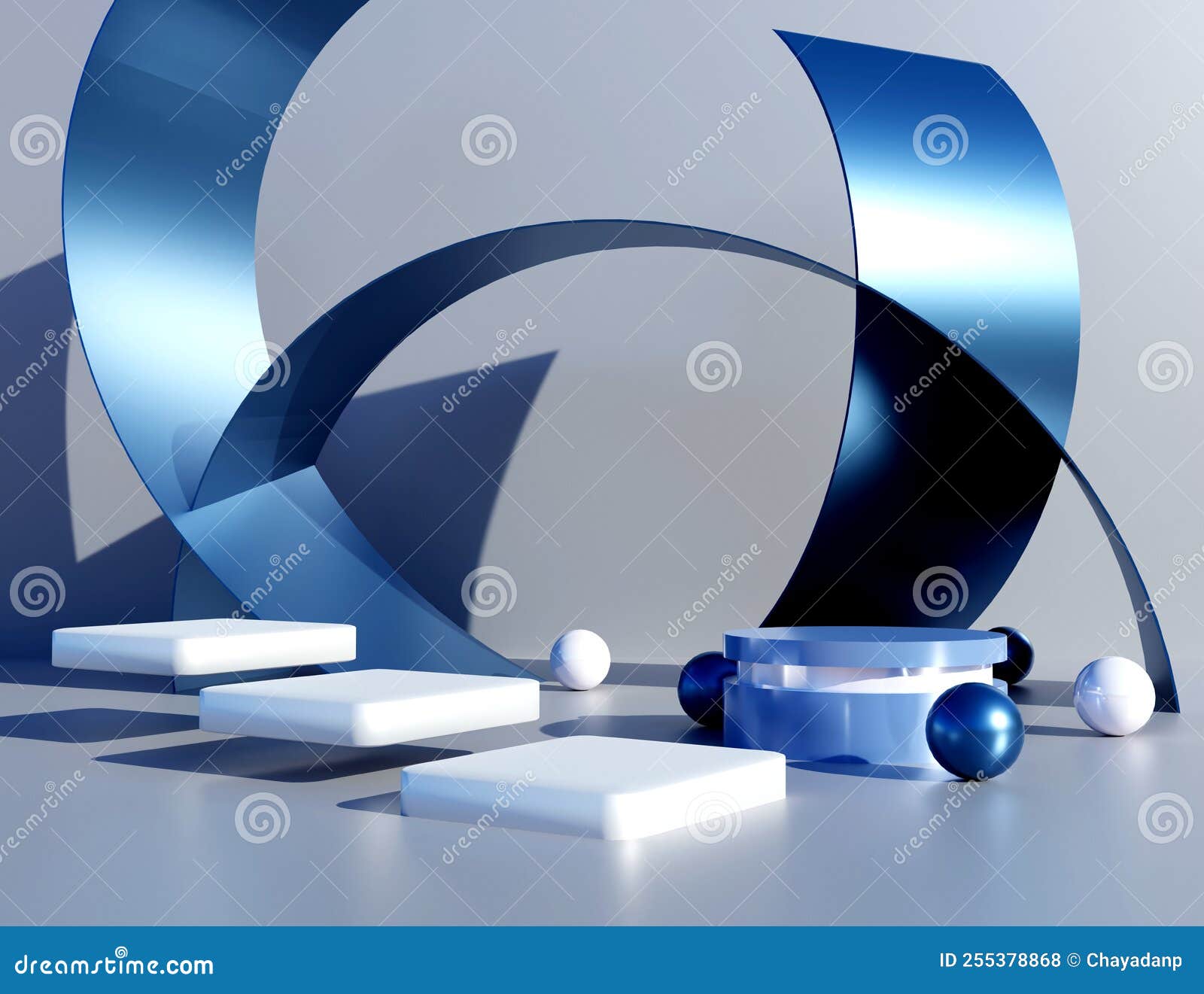 Array White Podium with Mini Spherical Objects and Blue Swirly Ribbons ...