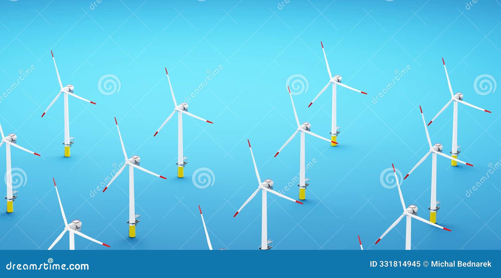 Array of Wind Turbines on Clear Blue Background. Renewable Energy Stock ...