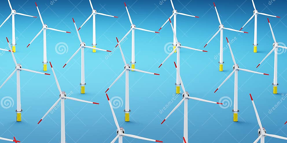 Array of Wind Turbines on Gradient Blue Background. Renewable Energy ...