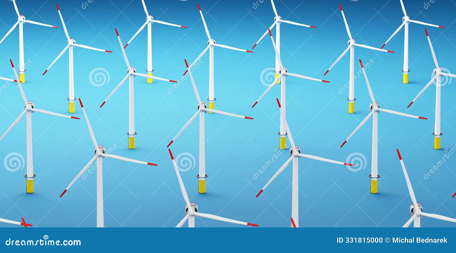 Array of Wind Turbines on Gradient Blue Background. Renewable Energy ...