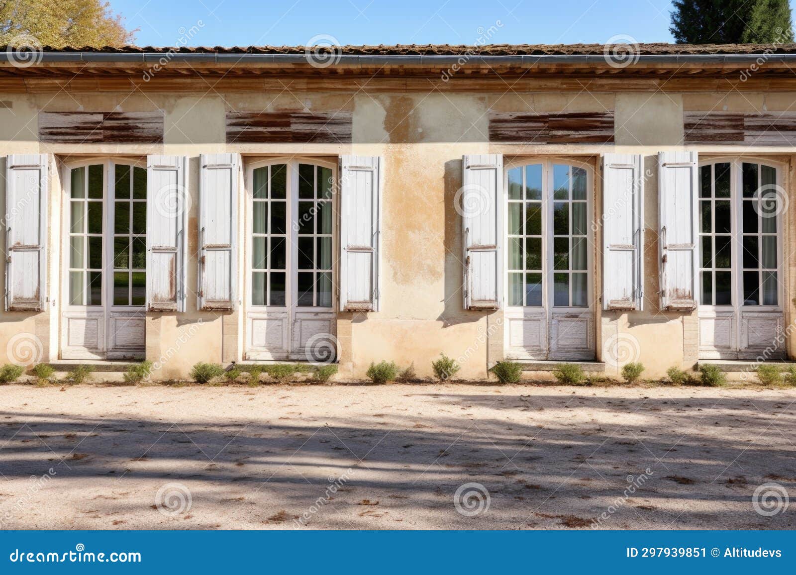 An Array of Wooden Shuttered Windows on a White-washed Country House ...