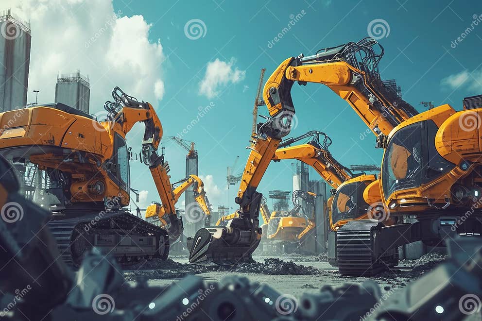 An Array of Yellow and Black Construction Machines Working Together in ...