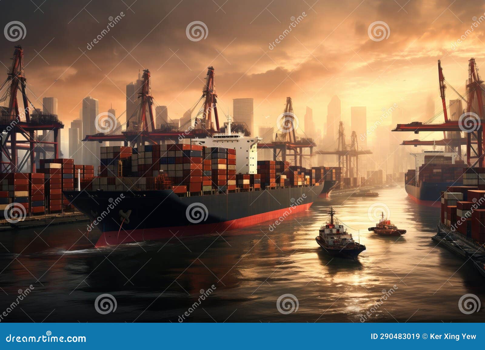 Arrival of Cargo Ships stock illustration. Illustration of nautical - 290483019