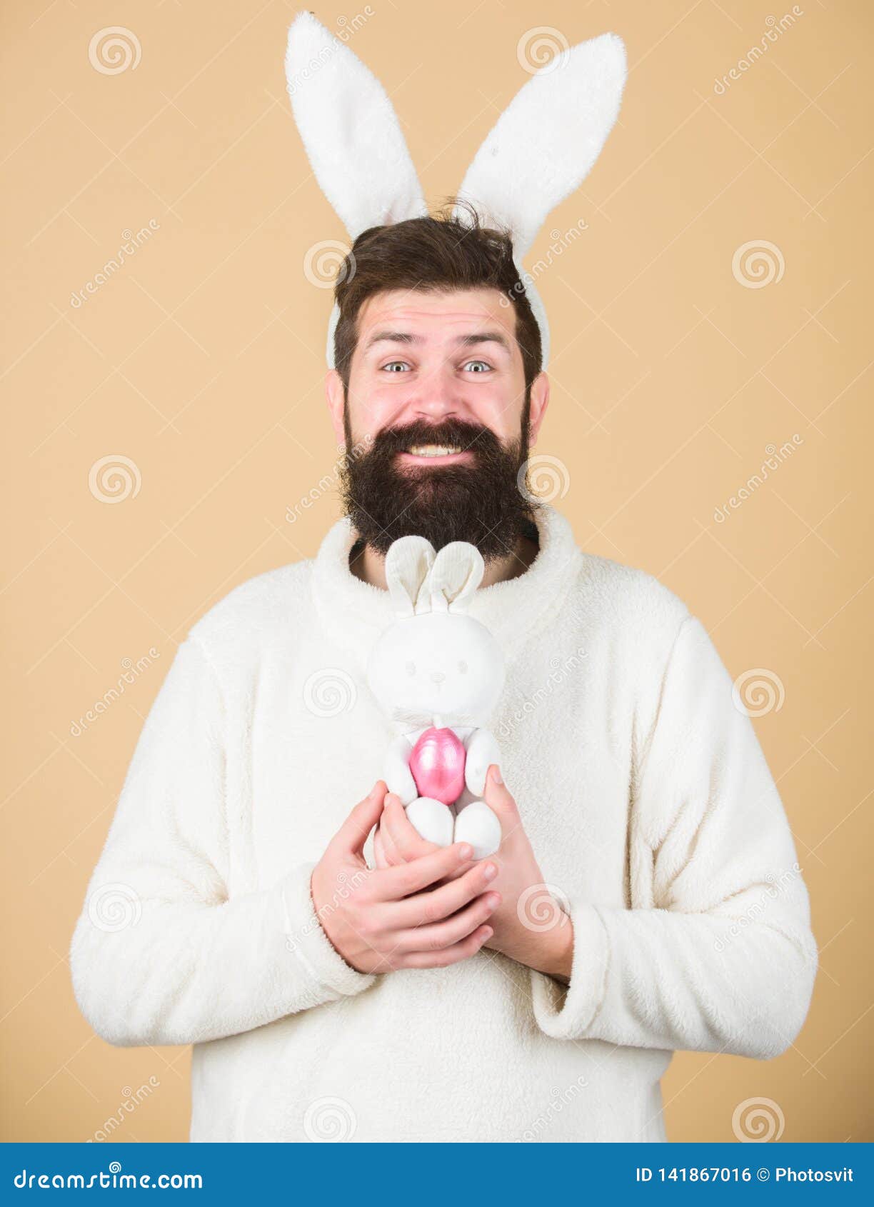 The Arrival of Spring. Bearded Man with Bunny Toy and Easter Egg ...