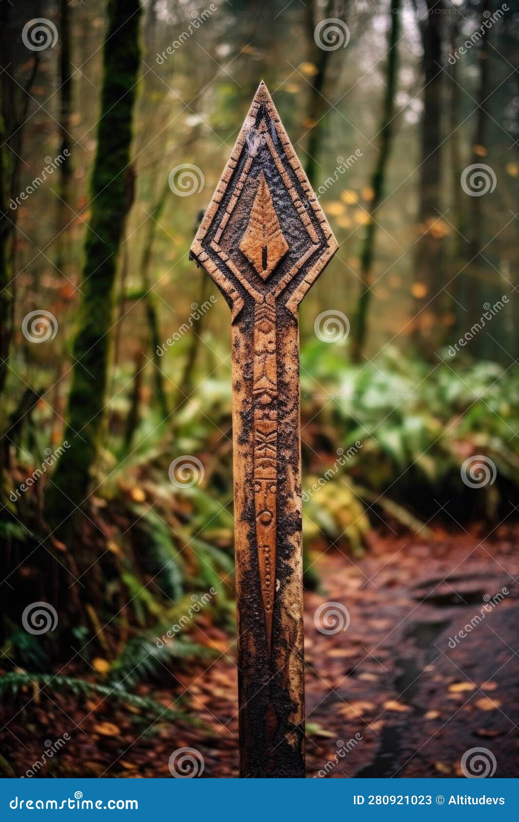 Arrow Carving on a Rustic Wooden Signpost in a Forest Stock ...