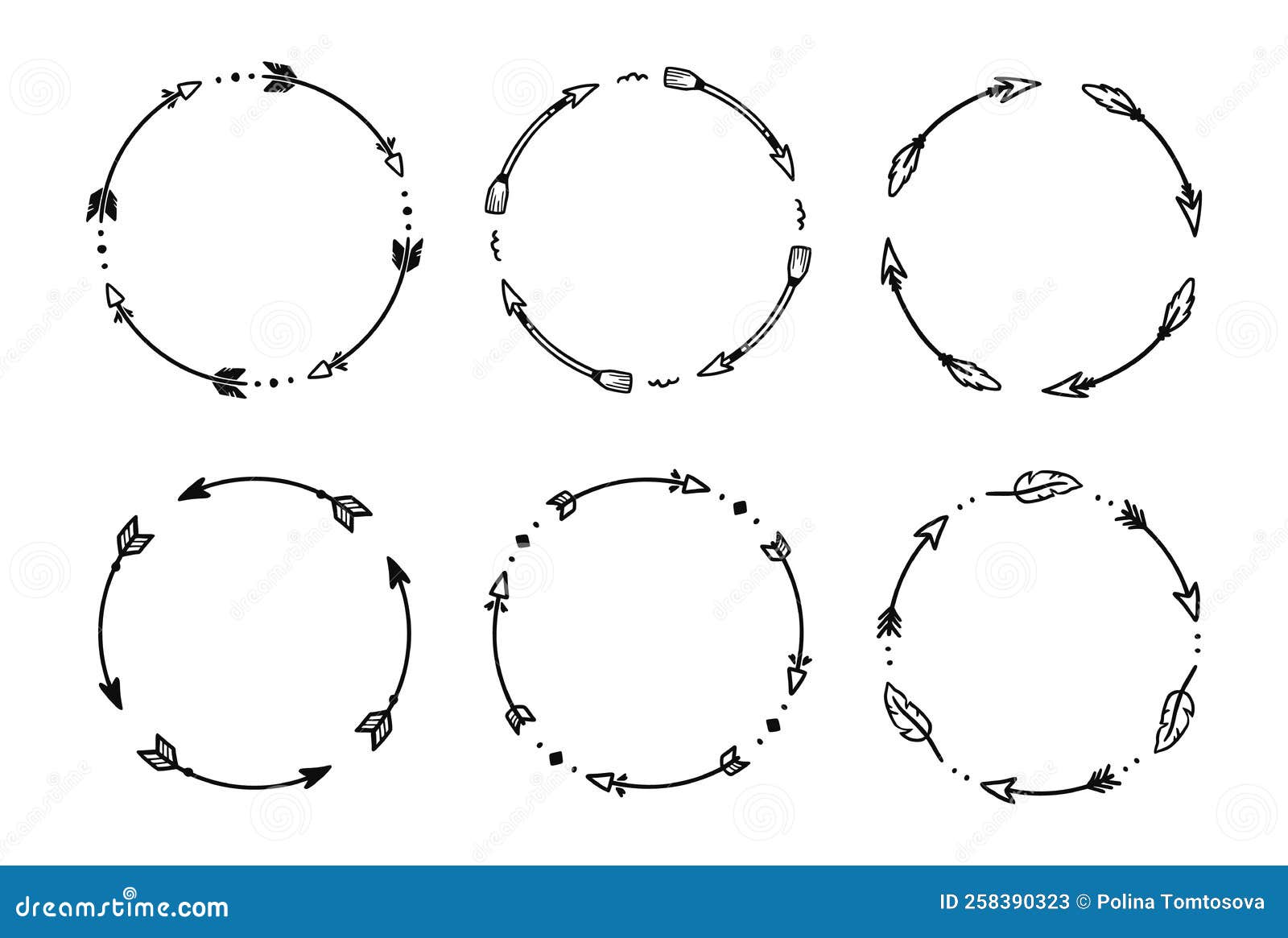 Arrow Circle American Pattern Frame Set Hand Drawn Doodle Boho Rustic Arrow Border Ornament