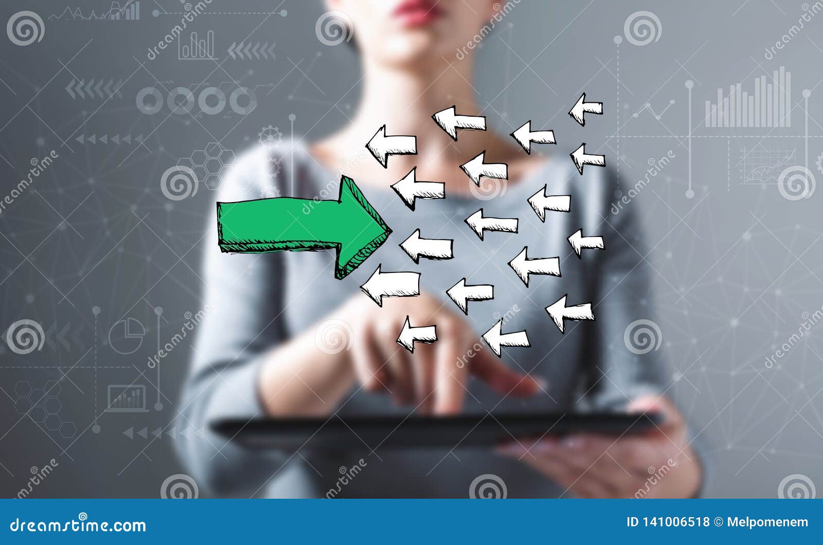 Arrow Facing in a Opposite Direction with Woman Using a Tablet Stock ...