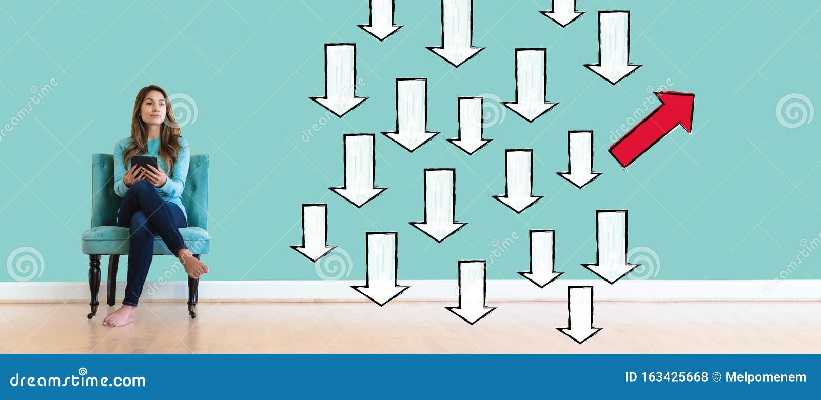 Arrow Going in a Different Direction with Young Woman Stock Photo ...