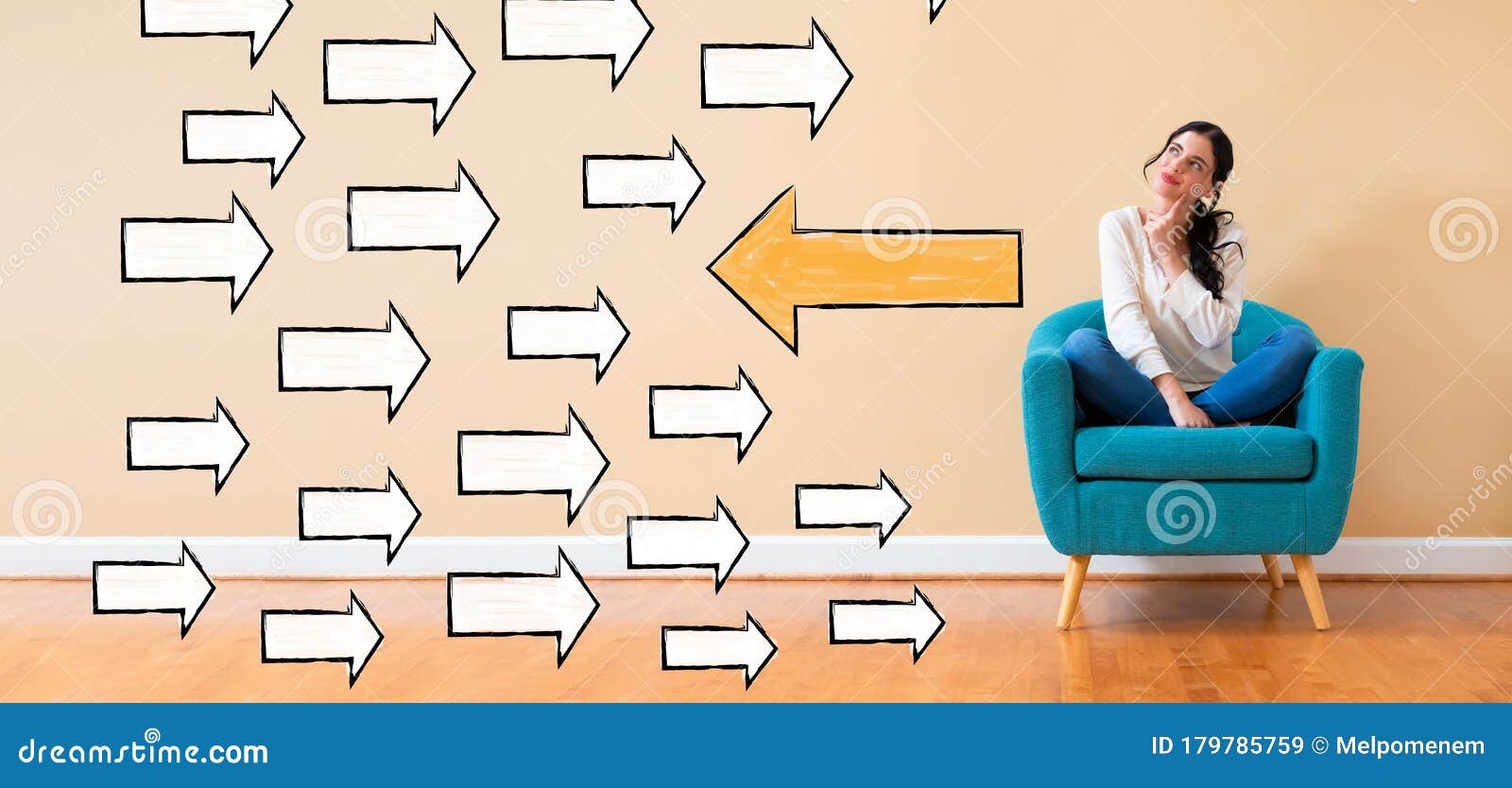 Arrow Going in the Opposite Direction with Woman in a Thoughtful Pose ...