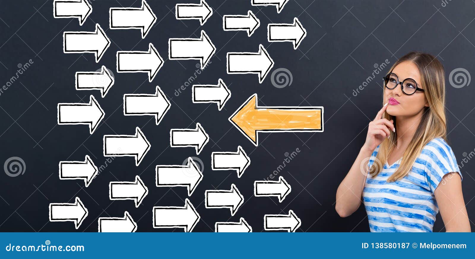 Arrow Going in a Opposite Direction with Young Woman Stock Image ...