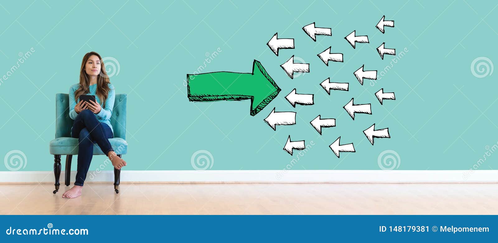 Arrow Going in the Opposite Direction with Young Woman Stock Image ...