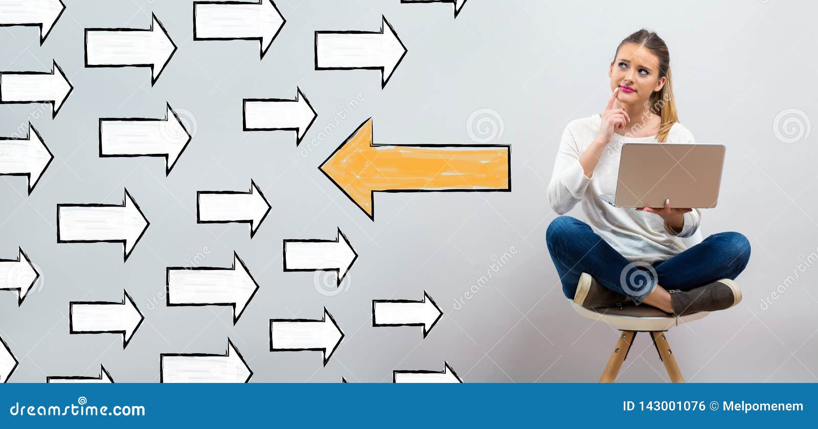 Arrow Going in a Opposite Direction with Young Woman Using Her L Stock ...