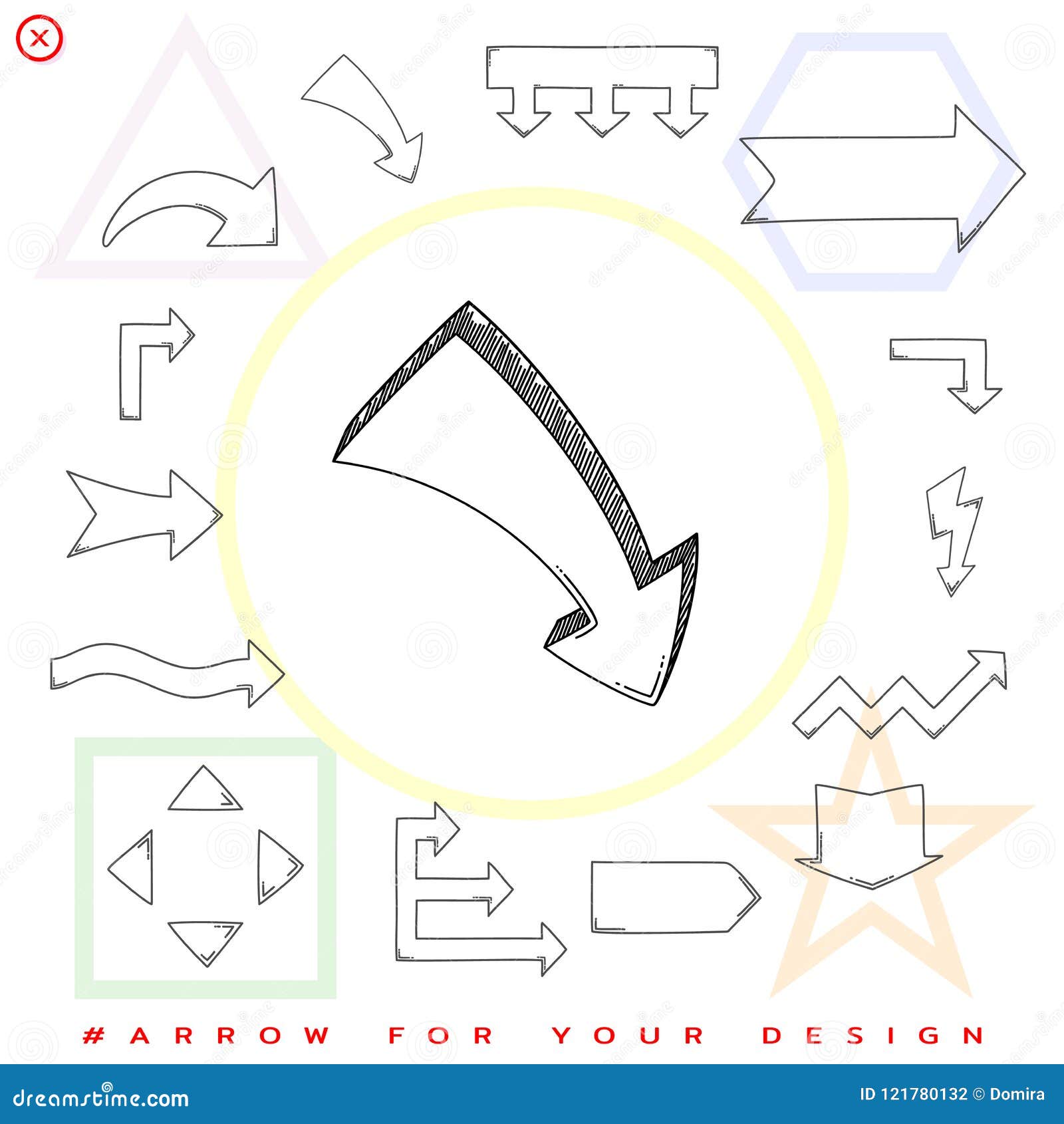 Arrow Pointer Down Isolated on White. Black Outline Sketch Stock Vector ...