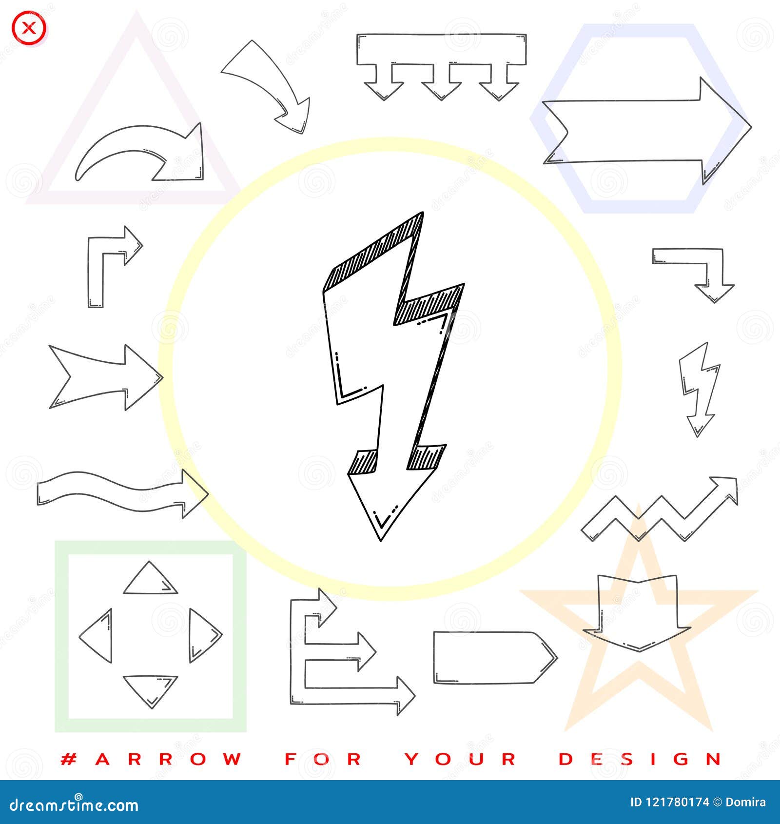 Arrow Pointer Lightning Isolated on White. Black Outline Sketch Stock ...