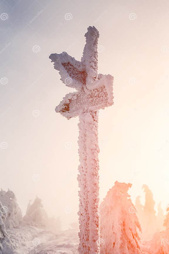 Arrow Pointer. Winter Snow-capped Mountains. Place for Text Stock Image ...