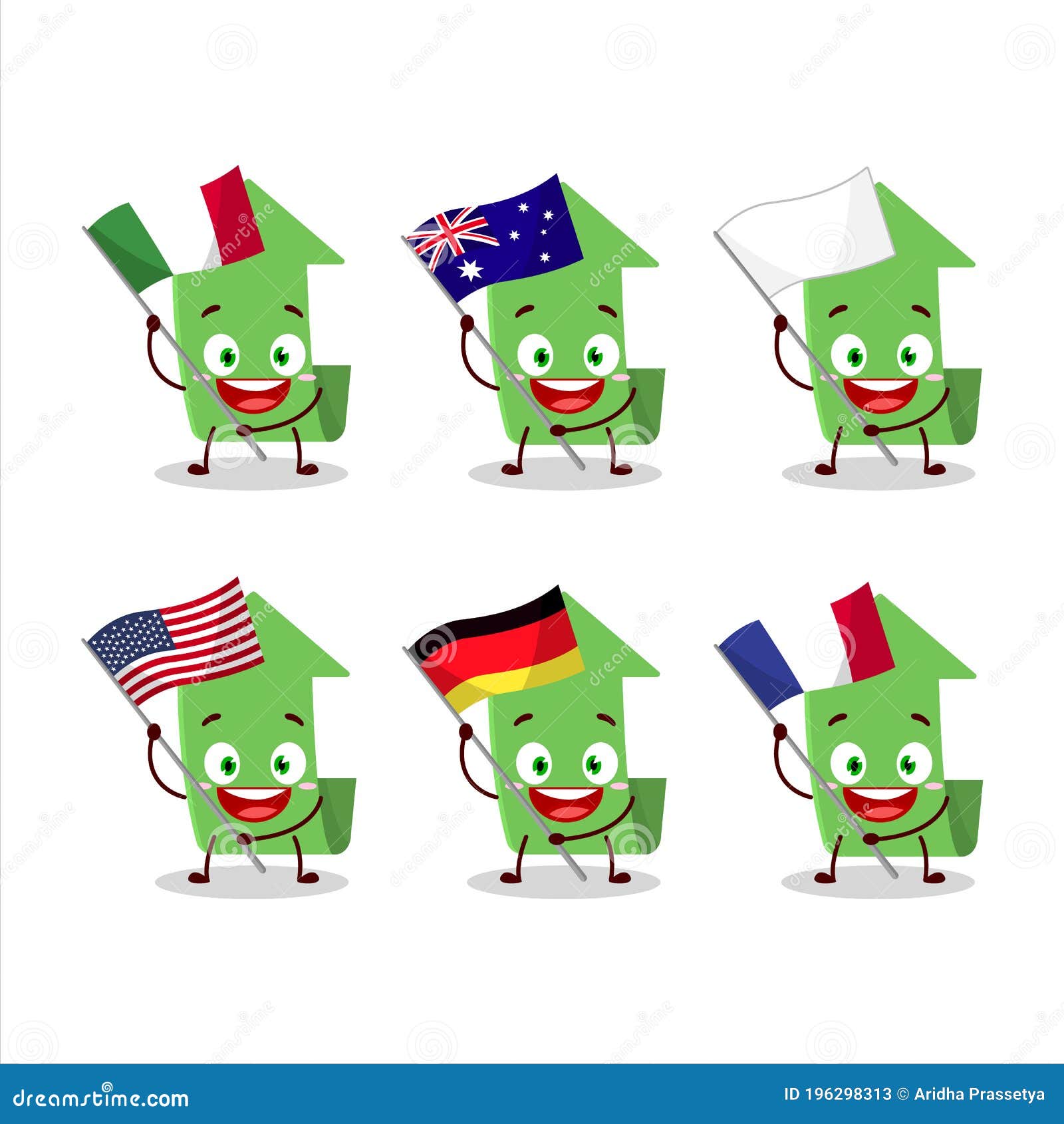 Arrow Up Cartoon Character Bring the Flags of Various Countries Stock ...