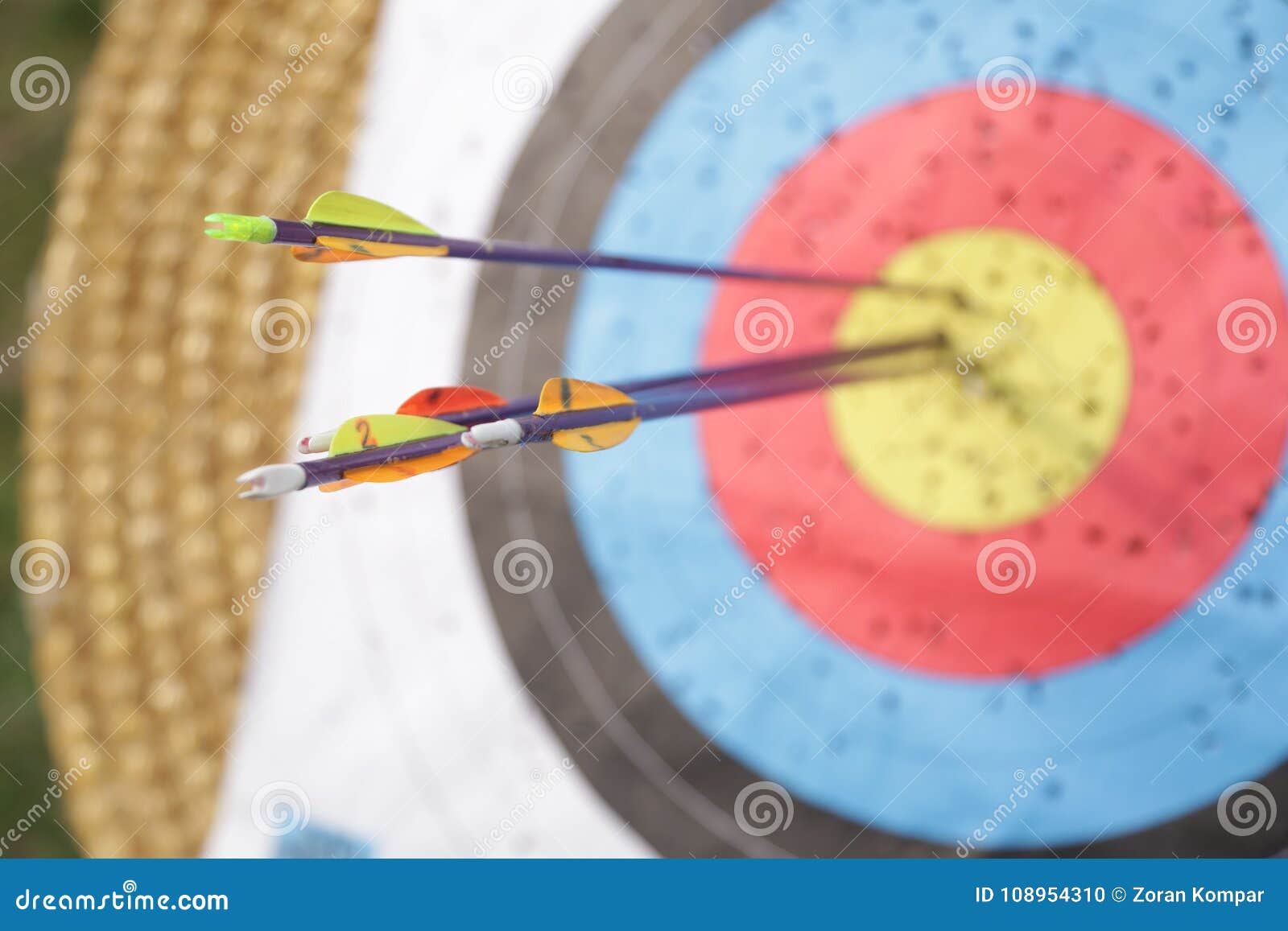 Arrows in archery target stock photo. Image of board - 108954310