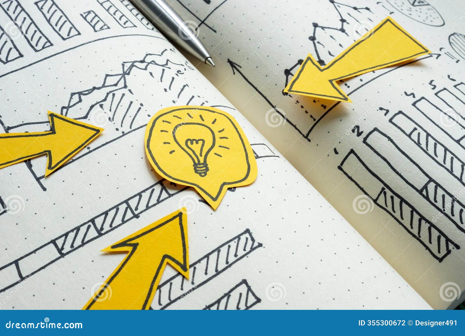 Arrows Pointing To Light Bulb and Financial Graphs. Business Strategy ...