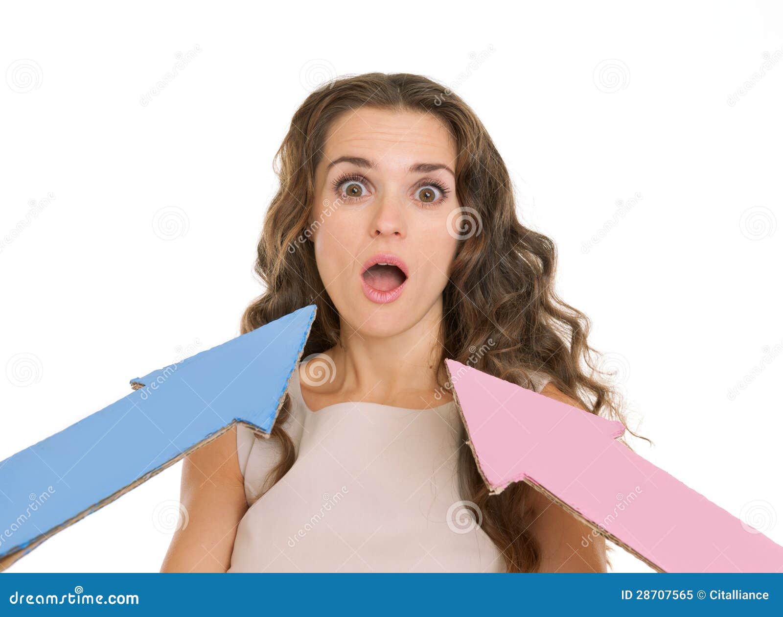 Arrows Points on Confused Young Woman Stock Image - Image of arrow ...