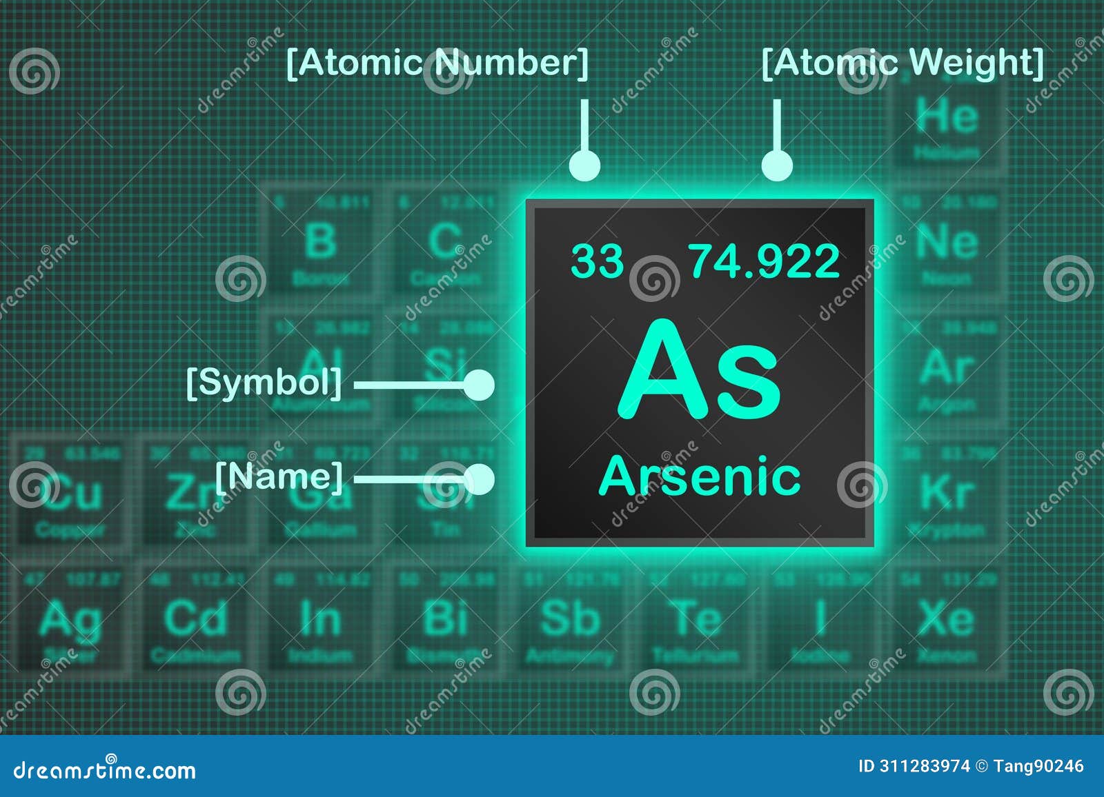 Arsenic As Element 33 Of The Periodic Table 3D Illustration On Blue ...