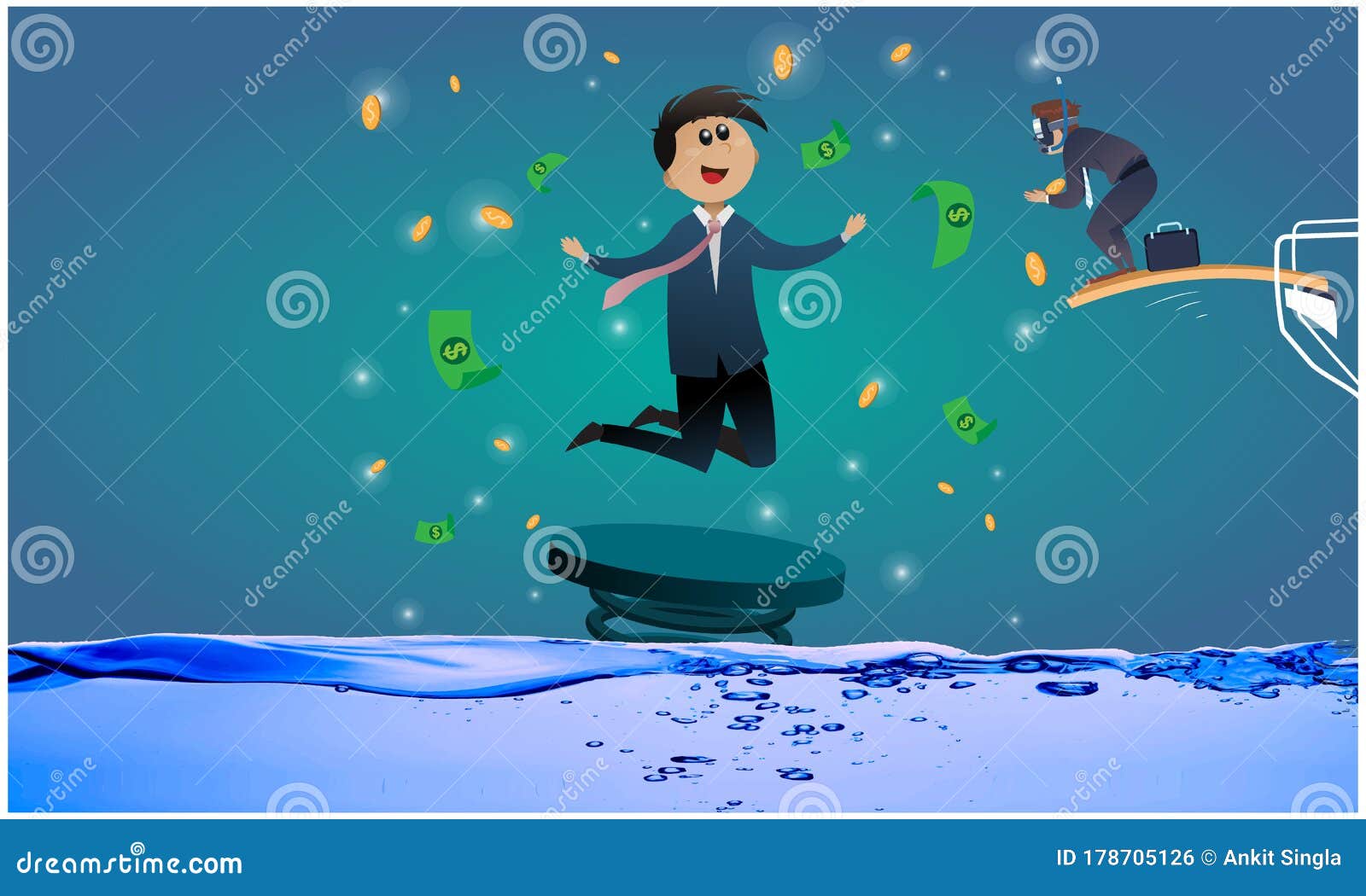 Business Man Jumping from Swimming Pool To Catch Money Stock Vector ...