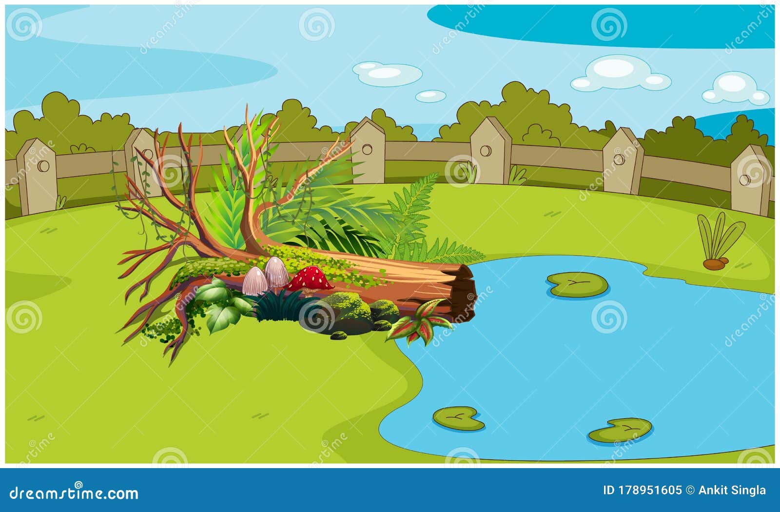 Fallen Tree On Small Mushroom Plants And Leaves At River Edge In The ...