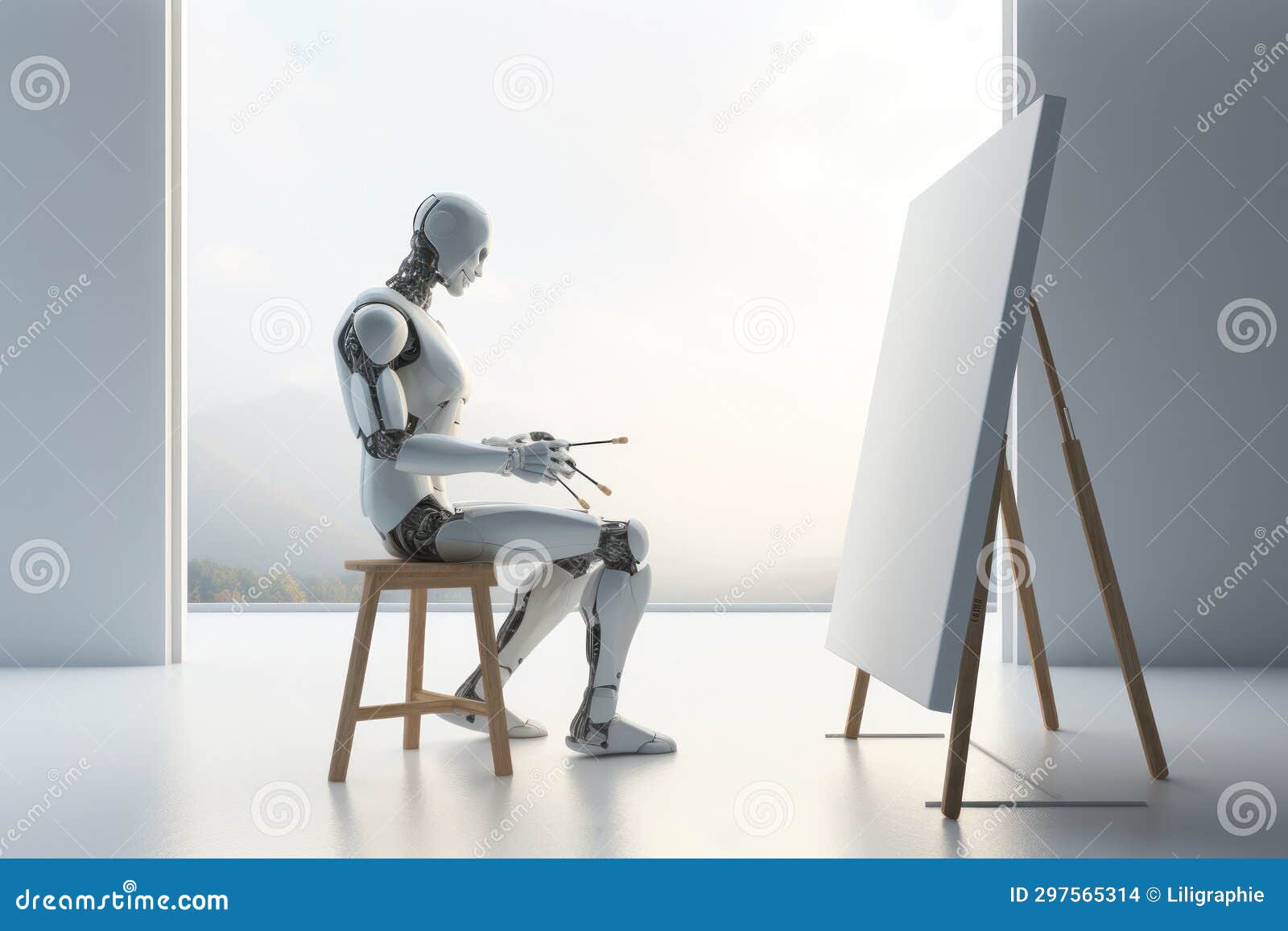 Art And Artificial Intelligence Concept. Humanoid Robot Seating In ...
