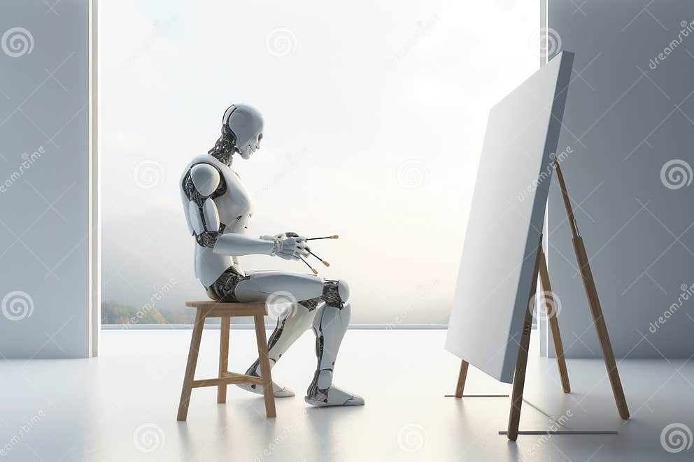 Art and Artificial Intelligence Concept. Humanoid Robot Seating in ...
