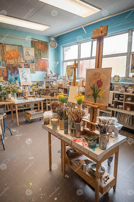 Art Classroom with Easels, Paints, and Brushes Stock Illustration ...