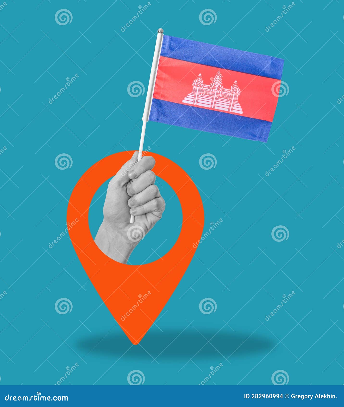 Art Collage, the Hand with the Flag of Cambodia on a Blue Background ...