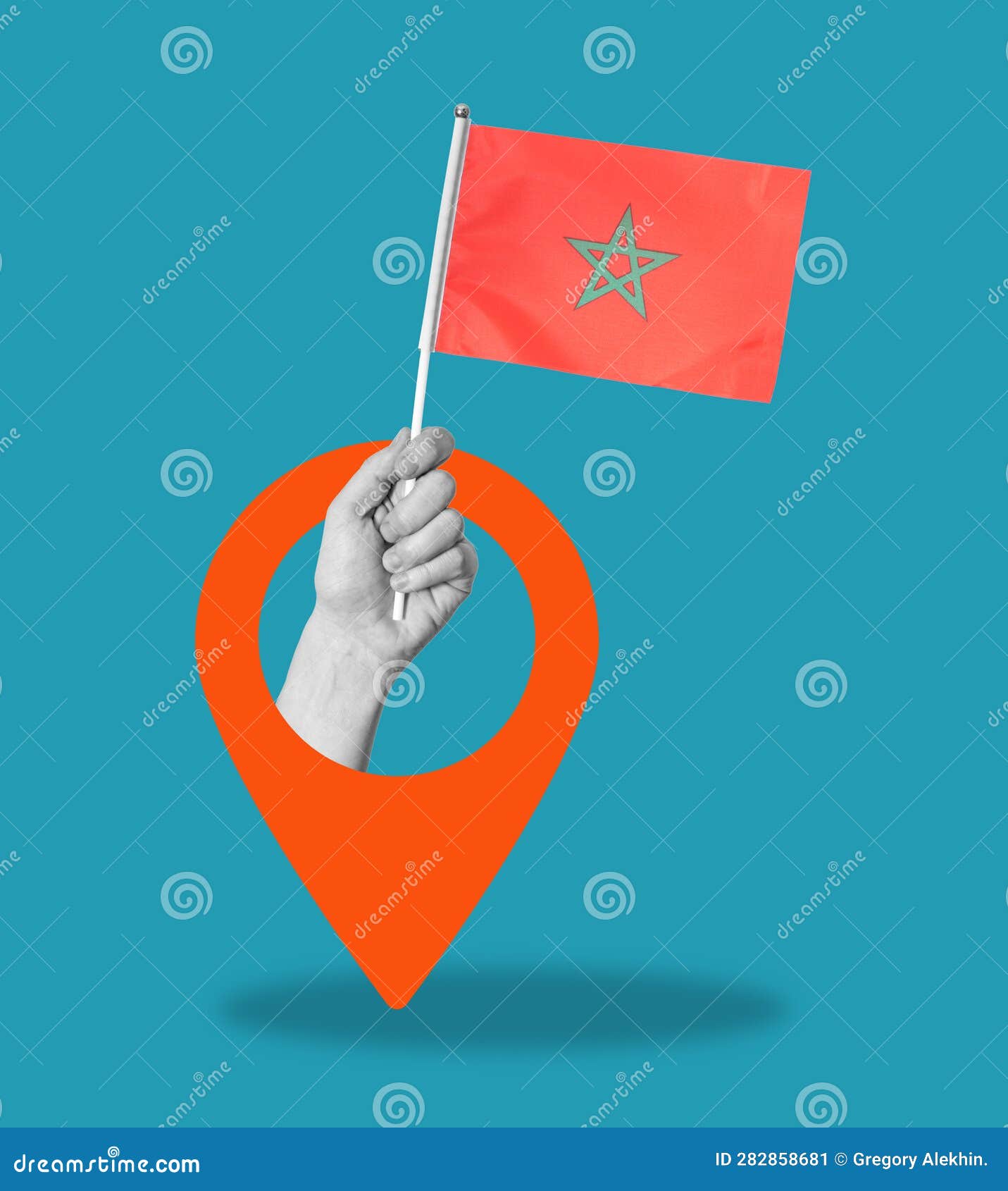 Art Collage, the Hand with Moroccan Flag on Blue Background with ...
