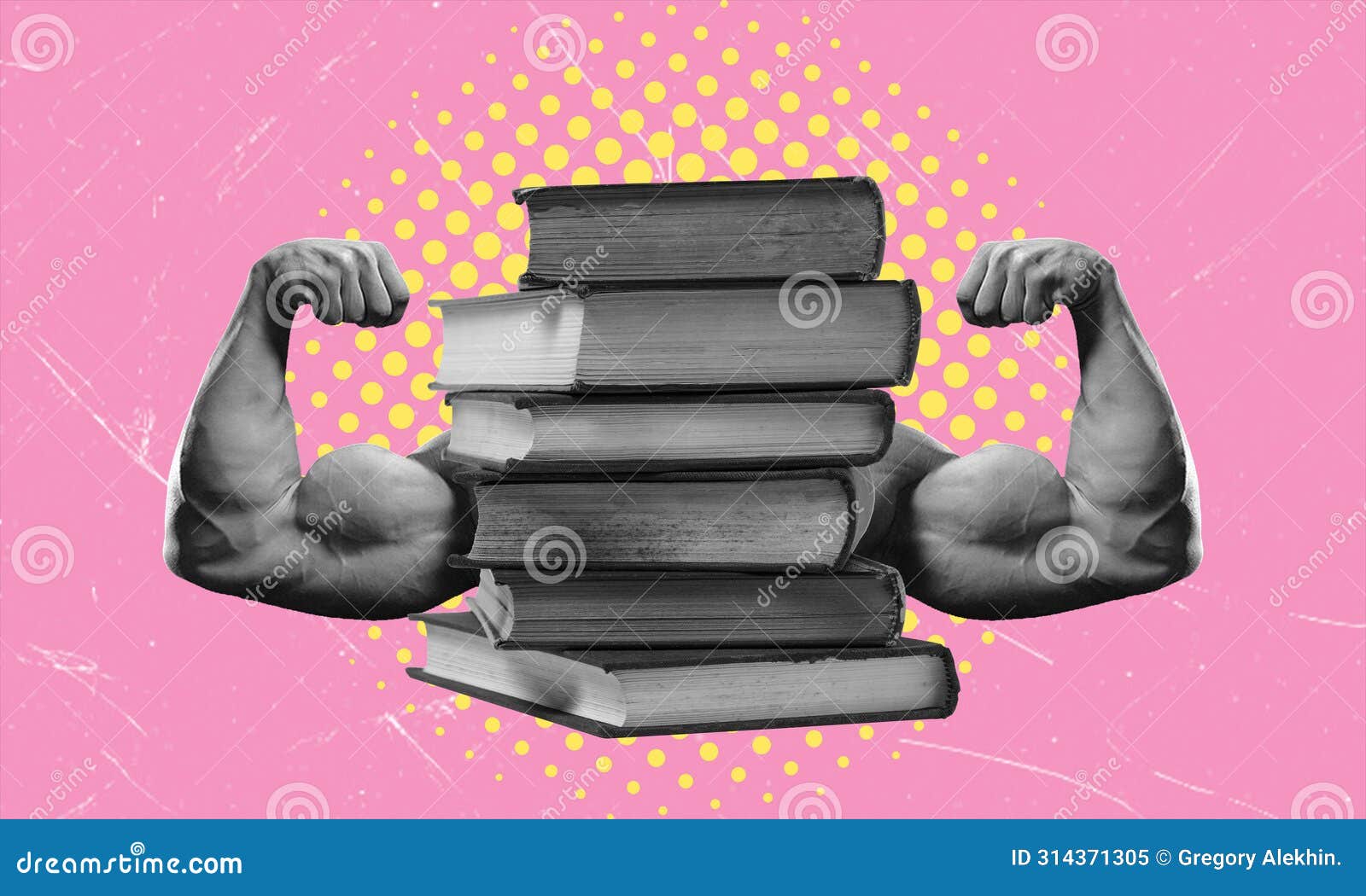 Art Collage, Modern Art Collage of Book and Strong Hands-on Blue ...