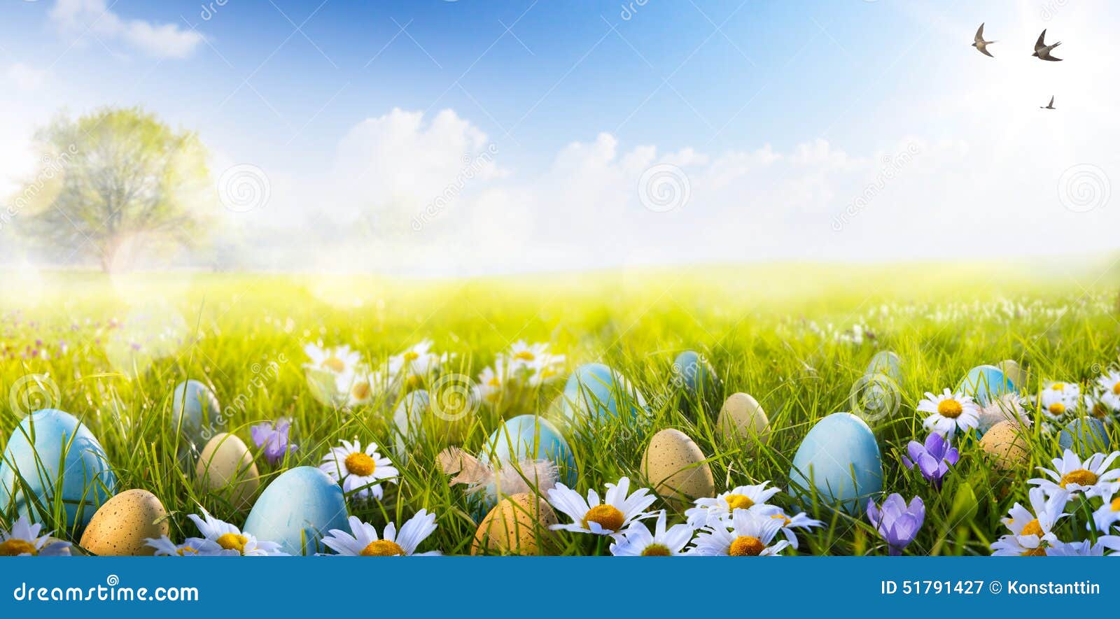 Art Colorful Easter Eggs Decorated with Flowers in the Grass Stock ...