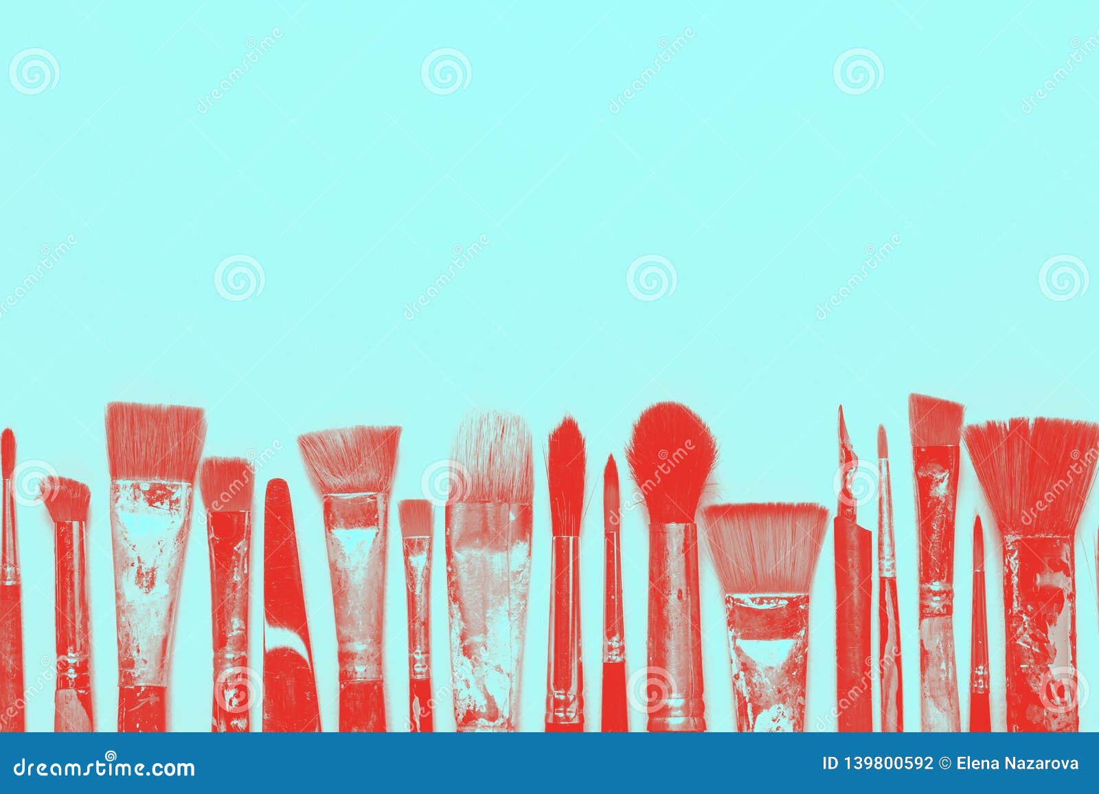 Art Creativity Blue Saturation Background. Row of Different Brushes ...