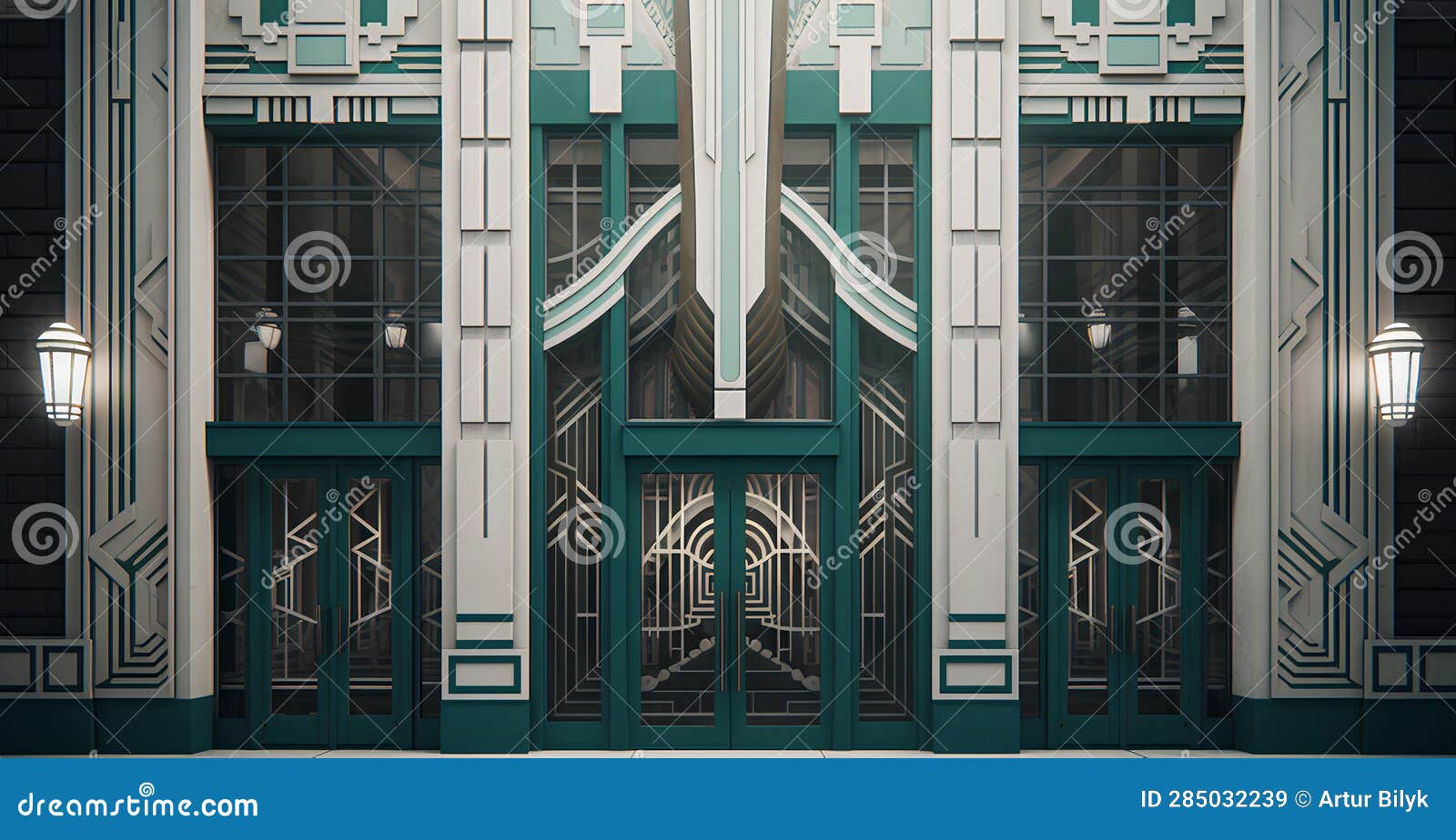 Art Deco Architectural Facade, Showcasing Bold Geometric Shapes, Sleek ...
