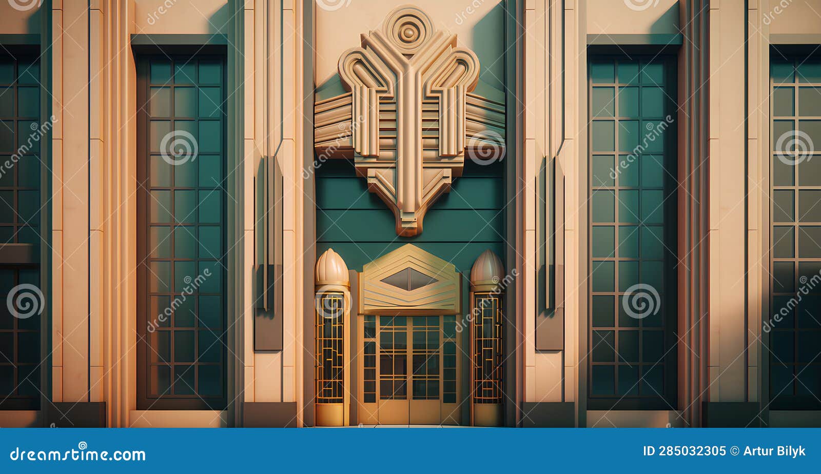 Art Deco Architectural Facade, Showcasing Bold Geometric Shapes, Sleek ...