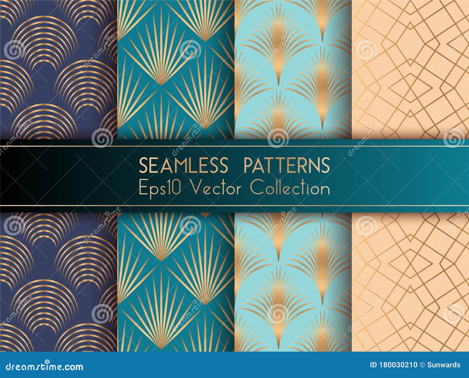 Art Deco Geometric Seamless Patterns Set with Geometric Shapes and Thin ...
