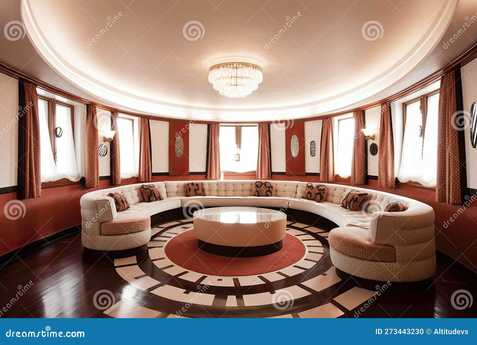 Art Deco Living Room, with Curved Sofas and Geometric Patterns Stock ...
