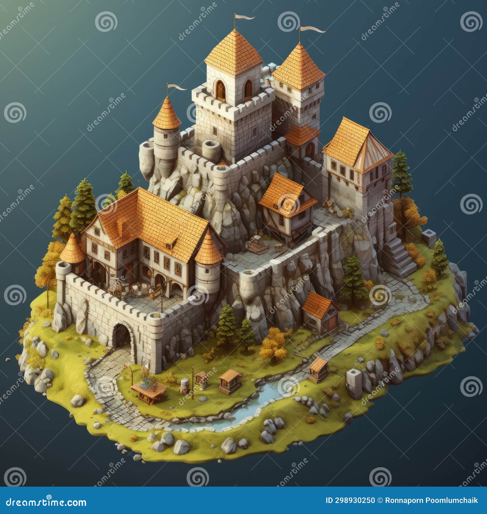 Art Deco Medieval Castle in an Isometric 3D Render Stock Illustration ...