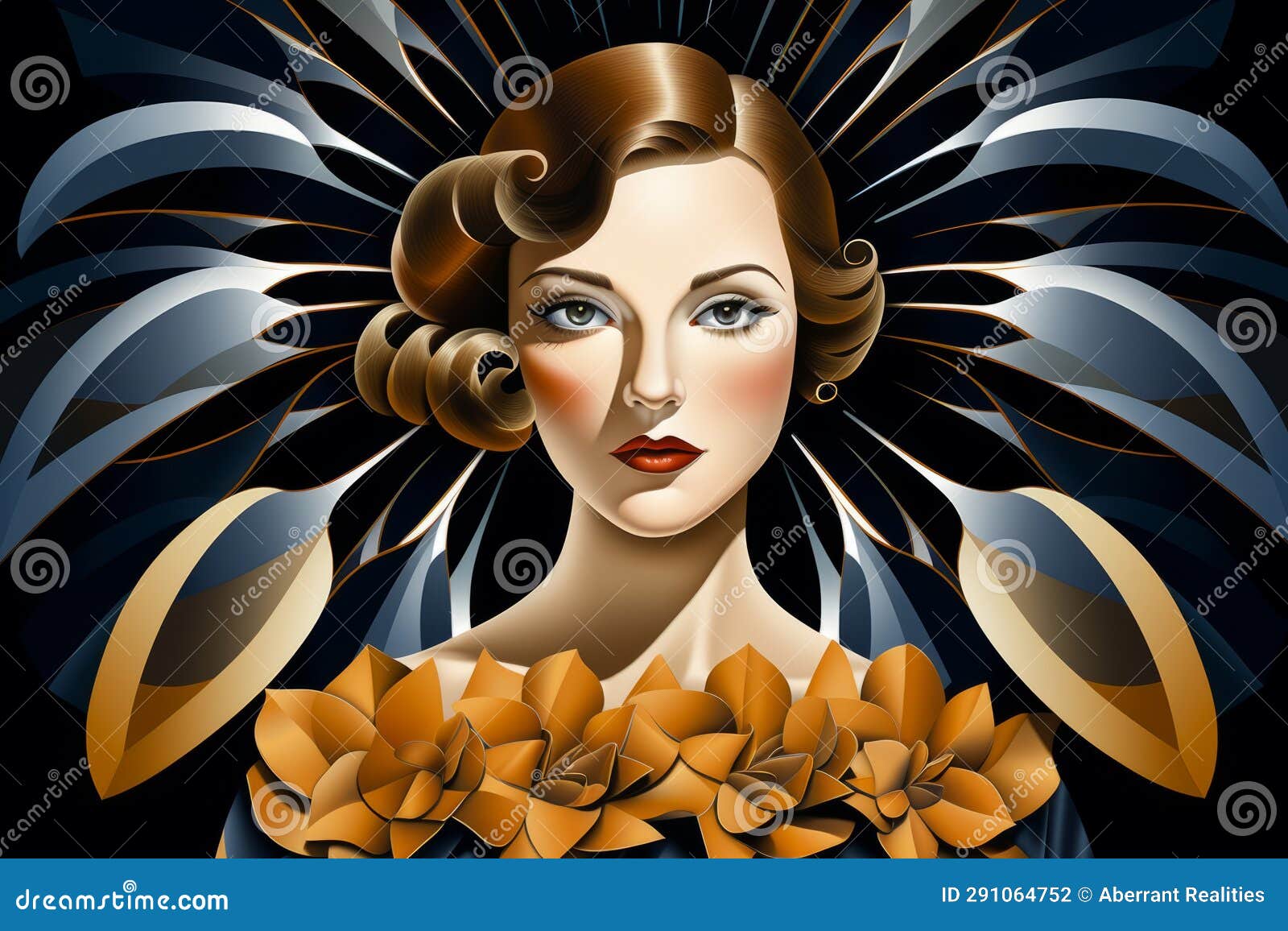 An Art Deco Style Portrait Of A Woman With Flowers Stock Illustration