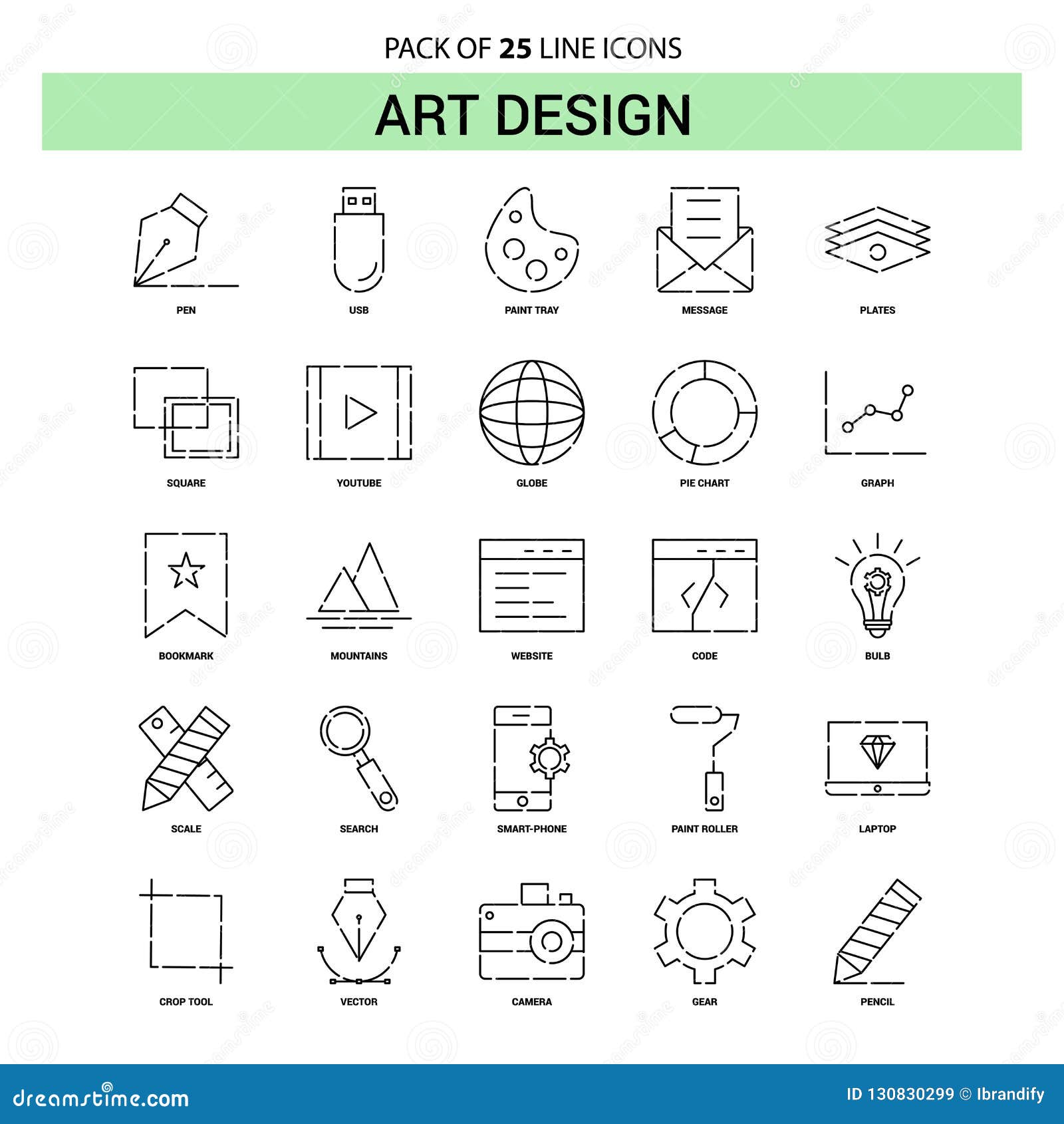 Art Design Line Icon Set 25 Dashed Outline Style Stock Vector