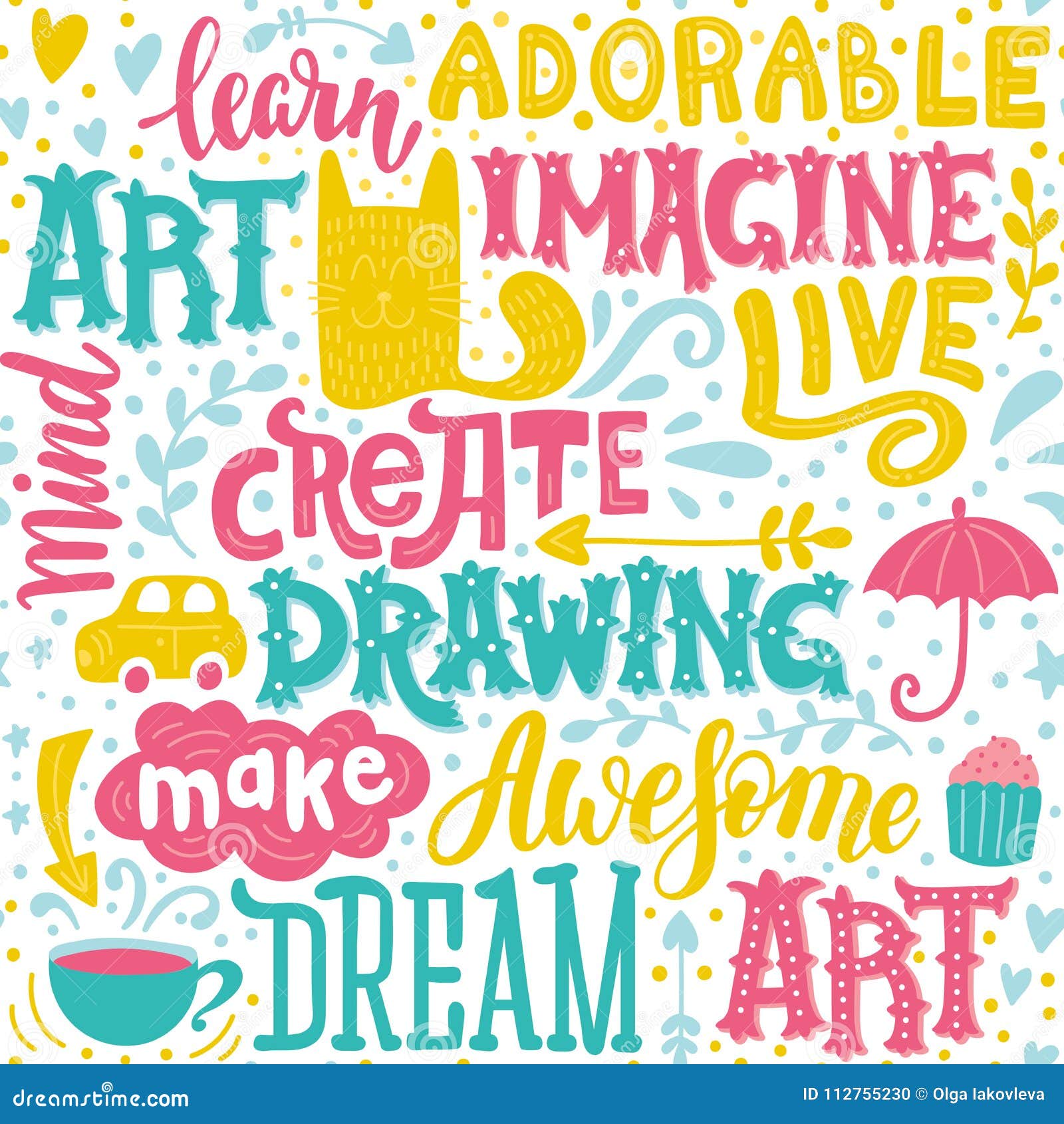 Colorful Hand Drawn Background with Lettering and Cute Elements Stock ...