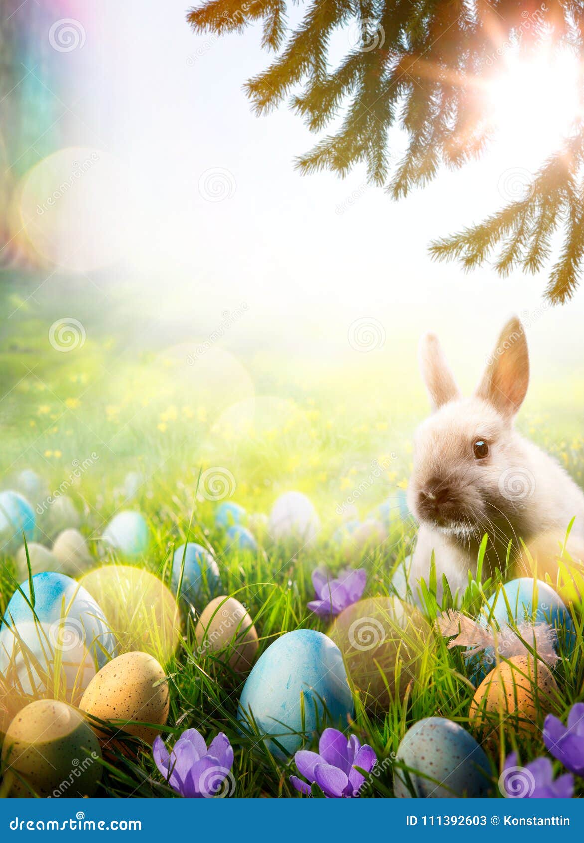 Art Easter Background; Spring Flowers Easter Bunny and Easter E Stock ...