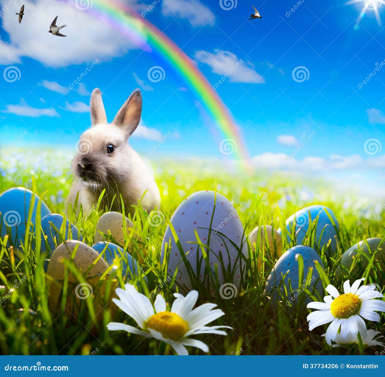 Art Easter Bunny and Easter Egg on Spring Field Stock Photo - Image of ...