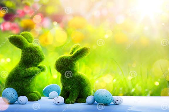 Art Family Easter Bunny and Easter Eggs; Happy Easter Day Stock Photo ...