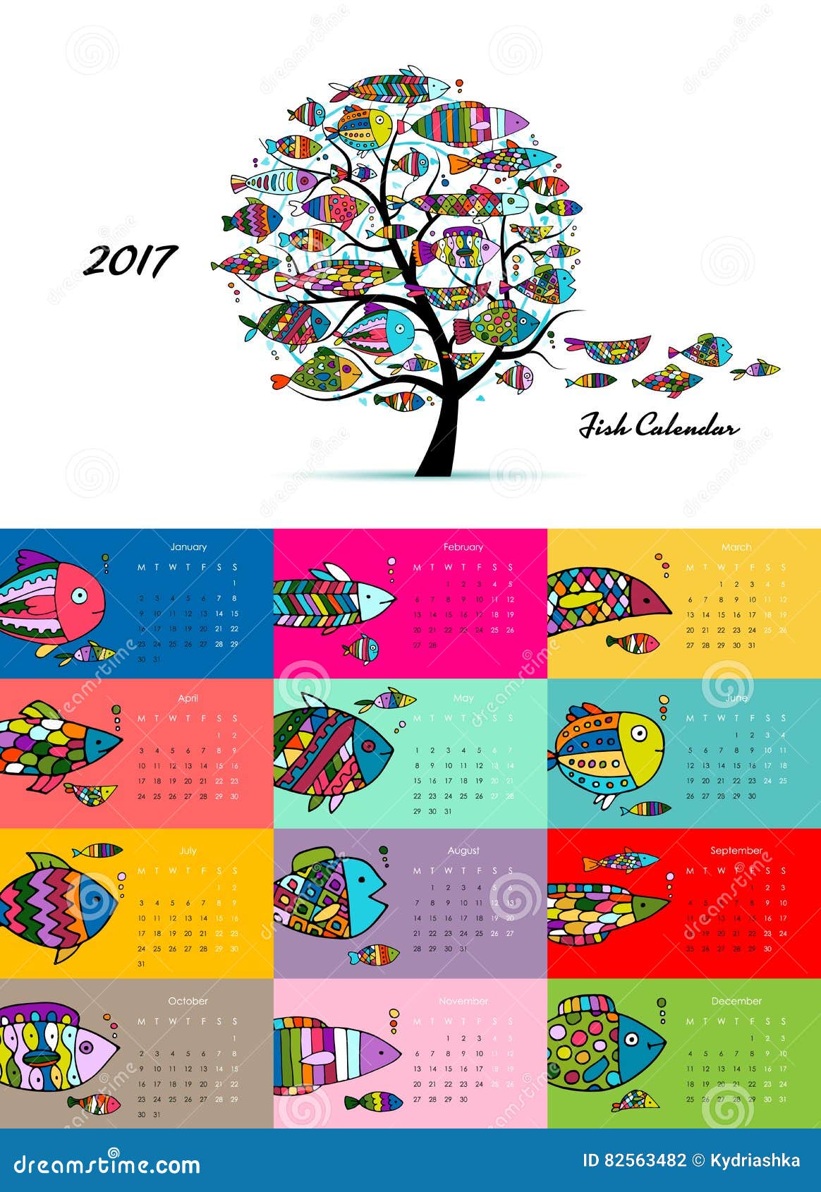 Art Fish Tree. Design Calendar 2017 Stock Vector - Illustration of ...