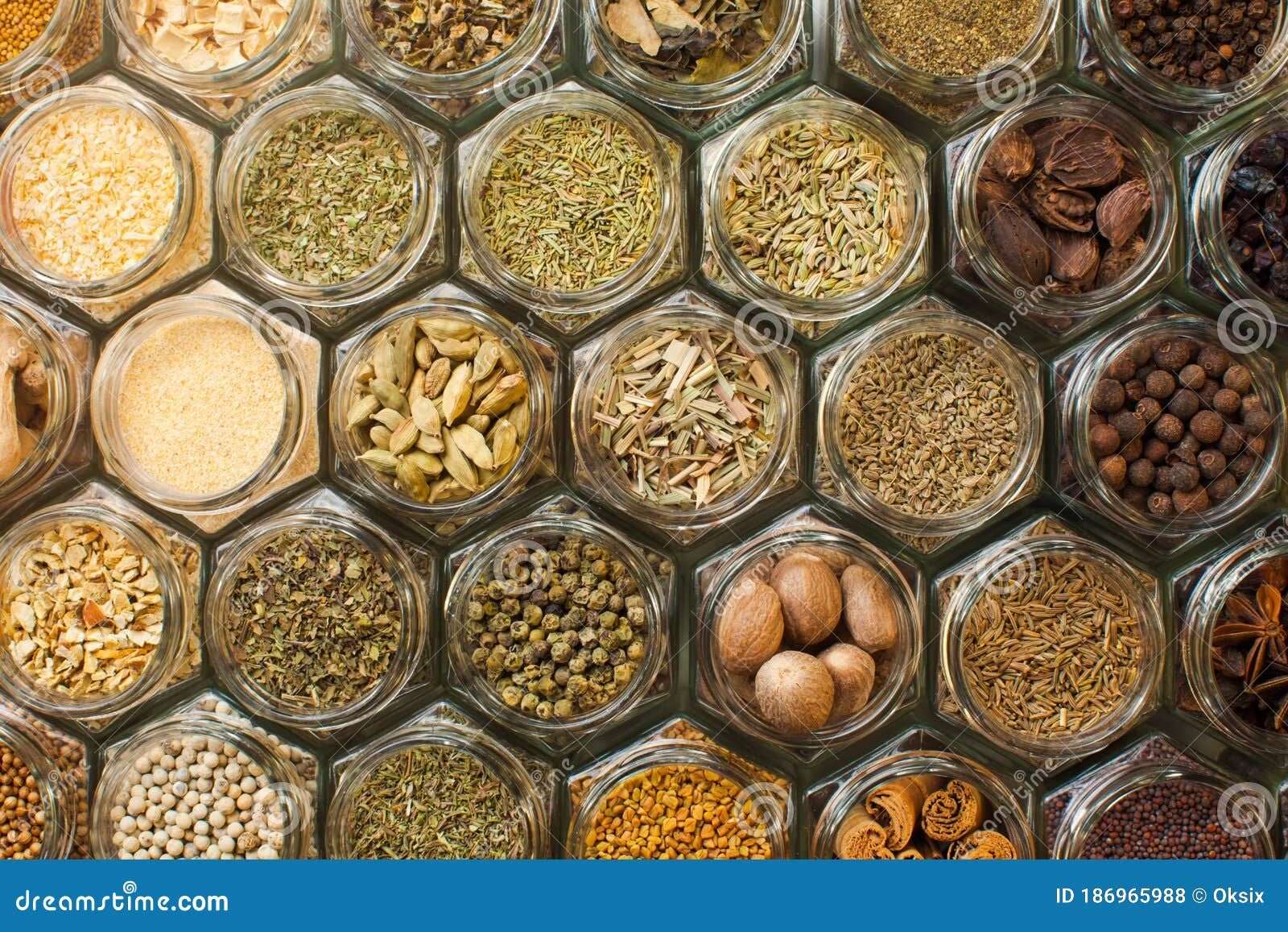 Art of Food. Assorted Ground Spices in Hexagon Jars Stock Photo - Image ...