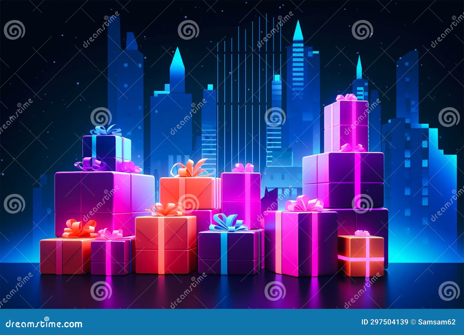 Art of Gift Boxes and Skyscraper in Background, Neon Light, Generative ...