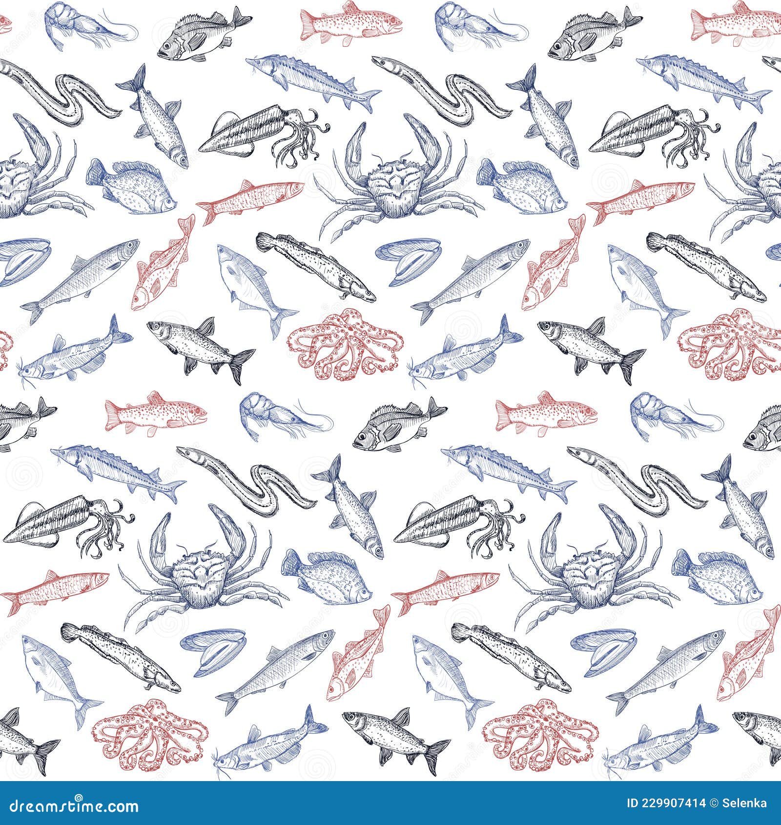 Art Graphic Seamless Pattern with Fish and Seafood Stock Vector ...